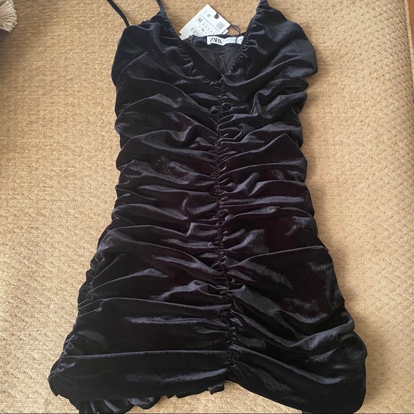 Zara | Dresses | Nwt Zara Velvet Ruched Mini Dress With Ruffle | Poshmark